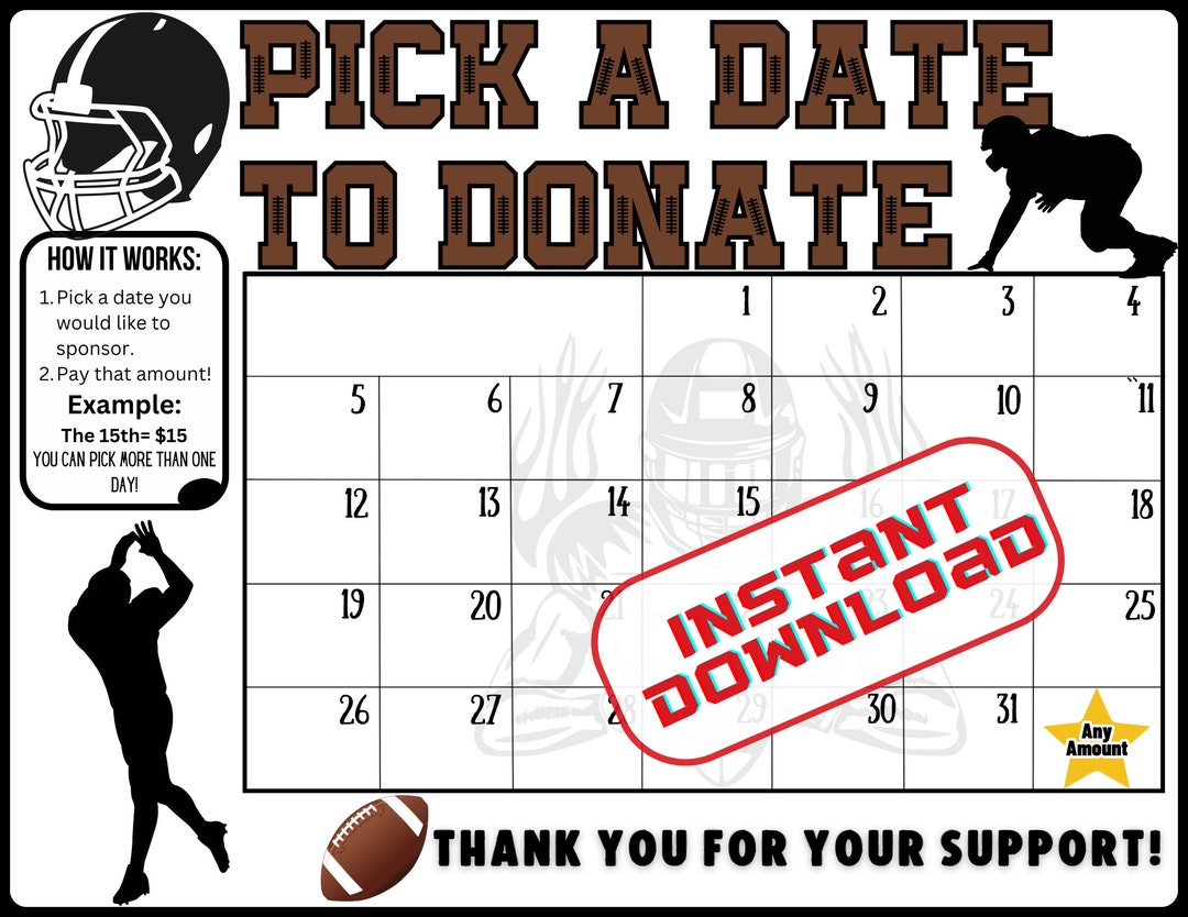 Football Pick a Date to Donate, Fundraiser, Pay the Date Calendar ...