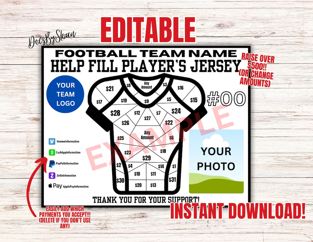 Editable Football Fundraiser, Fill My Jersey Fundraiser, Football Pick ...