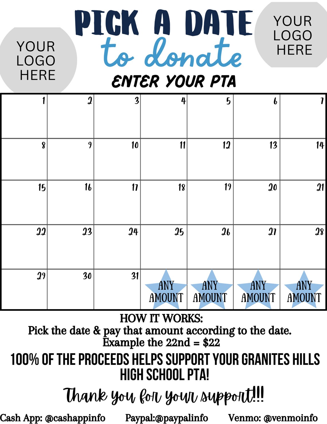 PTA Fundraiser Template, PTO Fundraiser, Pick a Date Calendar, Sponsor ...