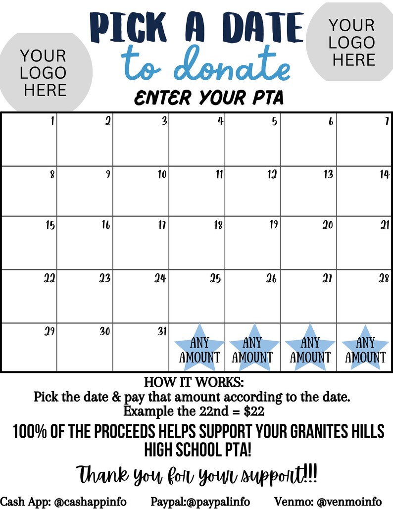 PTA Fundraiser Template PTO Fundraiser Pick a Date Calendar - Etsy