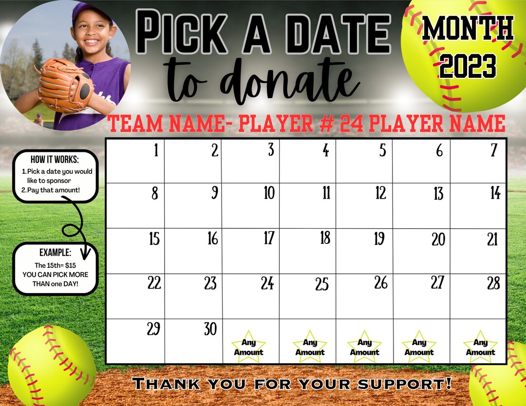 EDITABLE SOFTBALL Template, Personalized Pick a Date to Donate ...