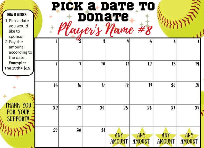 EDITABLE SOFTBALL Template, Pick a Date to Donate, Fundraiser Calendar ...