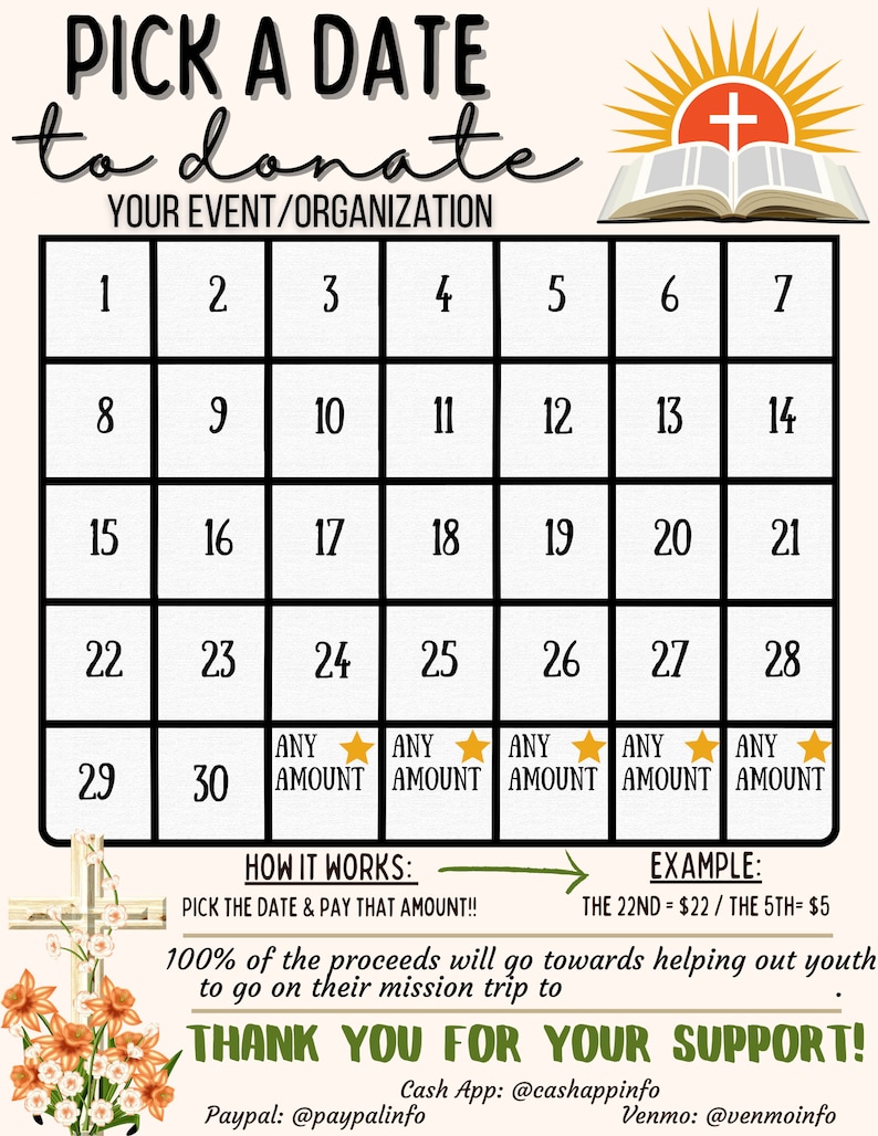 EDITABLE Church Pick a Date Fundraiser Calendar Sponsor a Date Easter ...