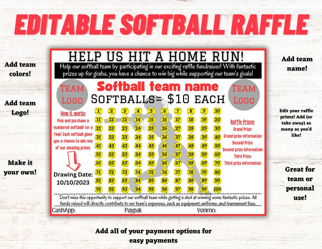 Softball Editable Raffle, Softball Fundraiser Template, Flyer, Softball ...