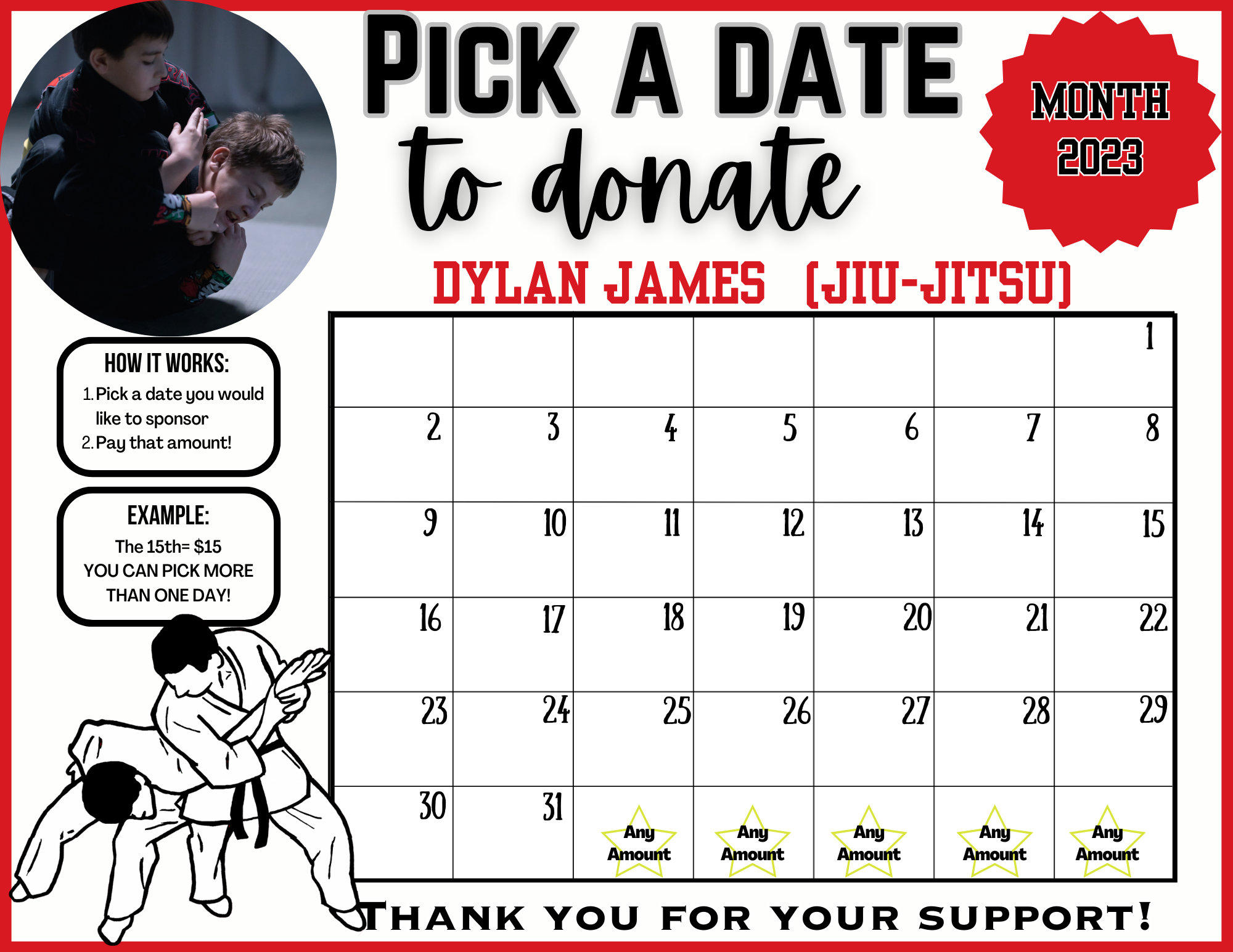 EDITABLE Jiu-jitsu, Karate Template, Personalized Pick a Date to Donate ...
