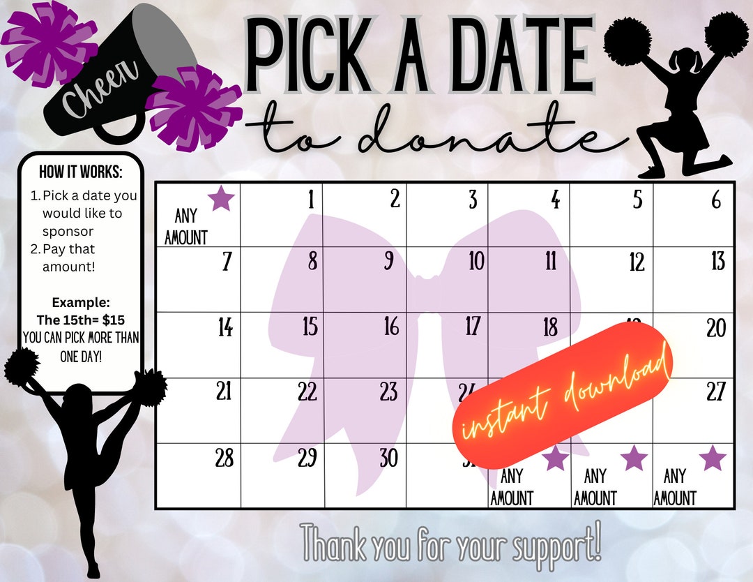 Cheer Purple Pick a Date to Donate, Fundraiser Calendar, Pay the Date ... Cheer Purple Pick a Date to Donate, Fundraiser Calendar, Pay the Date ...