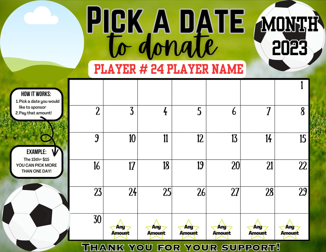 EDITABLE SOCCER Template, Personalized Pick a Date to Donate ...