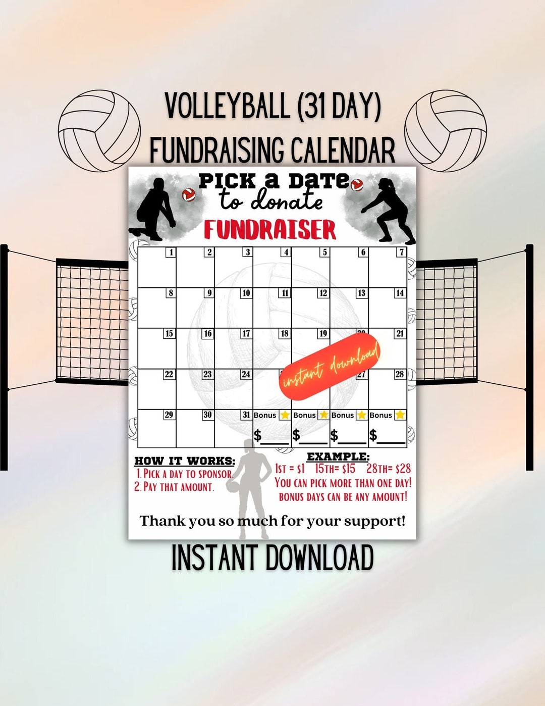 Volleyball Pick a Date to Donate, INSTANT DOWNLOAD Printable Pay the ...