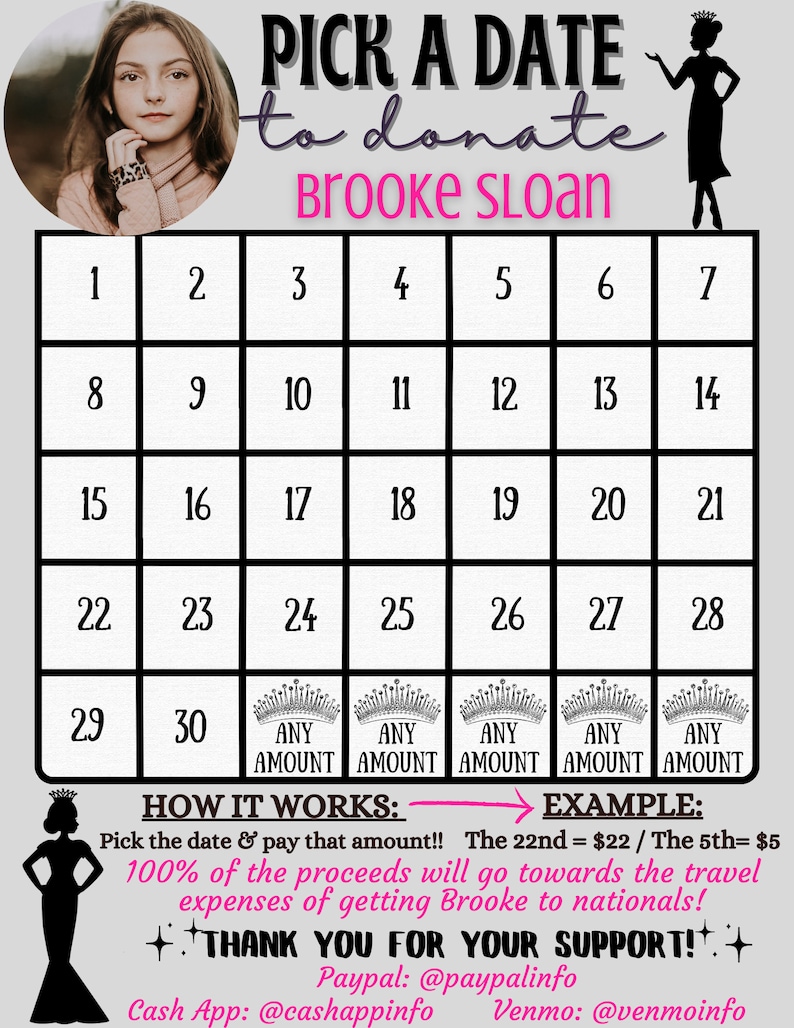 EDITABLE Pageant Template Personalized Pick a Date to Donate - Etsy