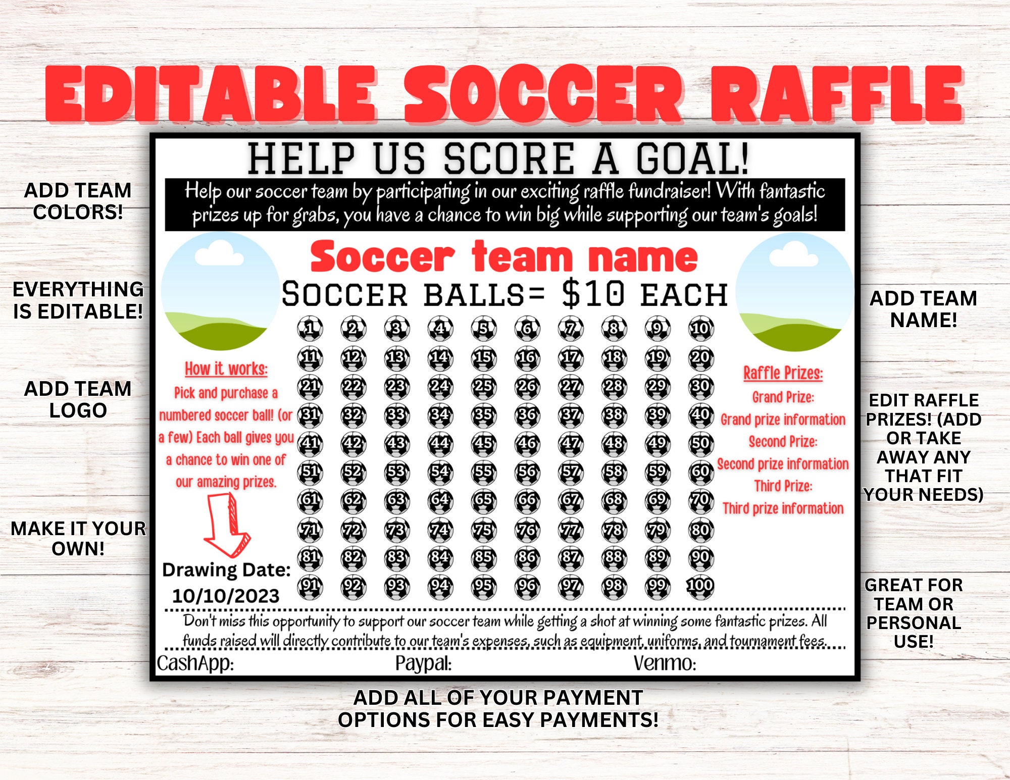 Soccer Editable Raffle, Soccer Fundraiser Template, Flyer, Soccer ...