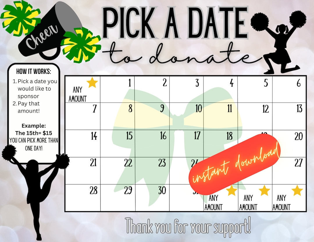 Cheer Green Pick a Date to Donate, Fundraiser Calendar, Pay the Date ...