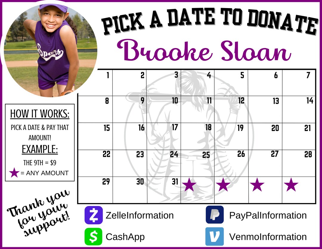 EDITABLE SOFTBALL Template, Pick a Date to Donate, Fundraiser Calendar ...