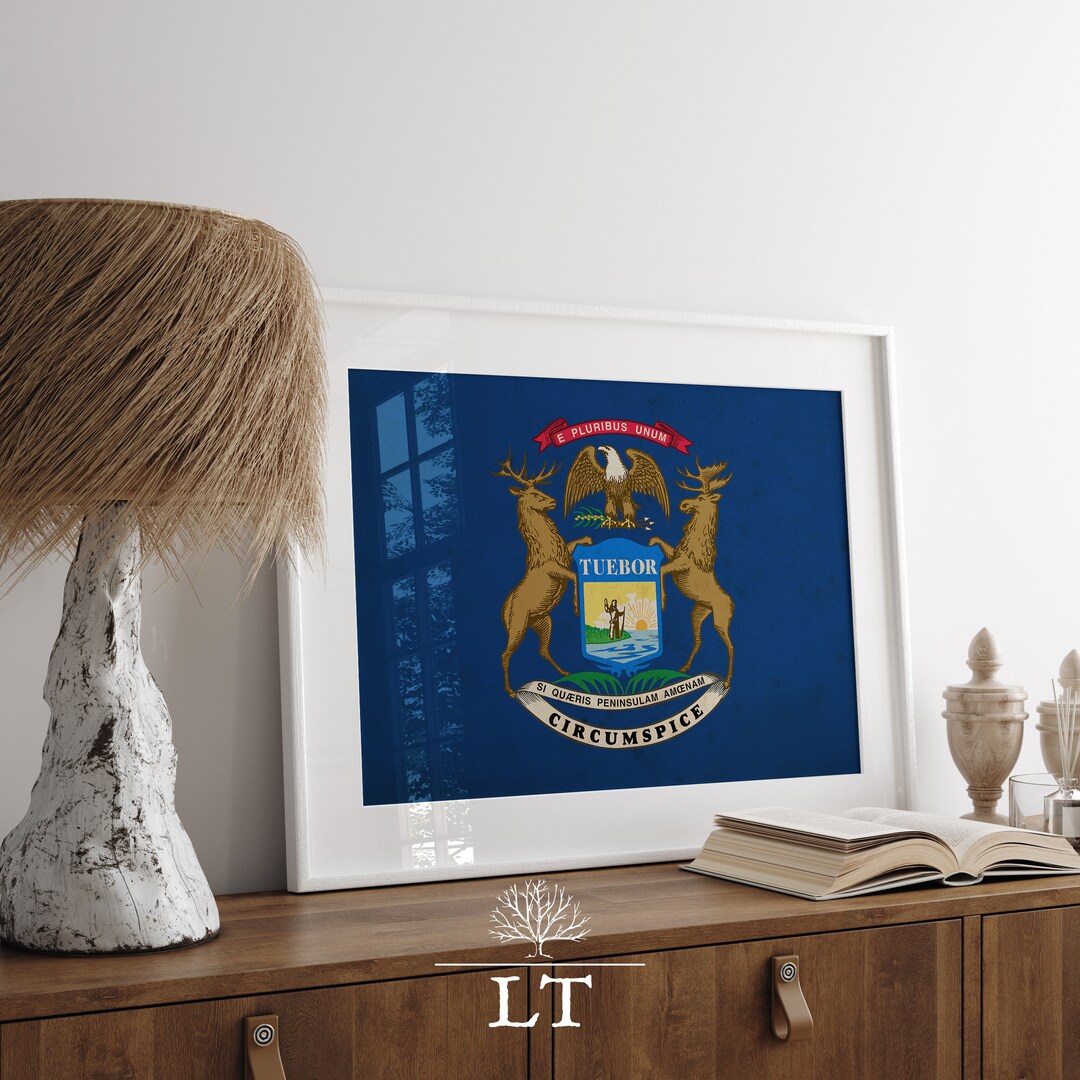 Vintage Michigan State Flag Print, Michigan Flag Print, Vintage State ...
