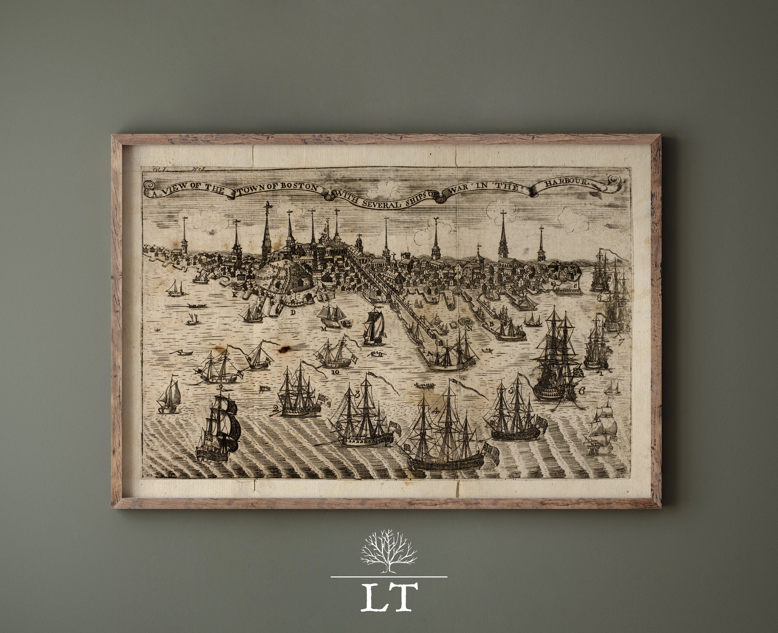 Vintage Etching, A View of the Town of Boston With Several Ships of War ...