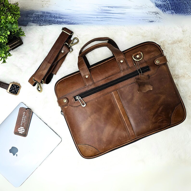 Brown Leather Laptop Bag for Men Handmade Full-grain Briefcase, Leather ...