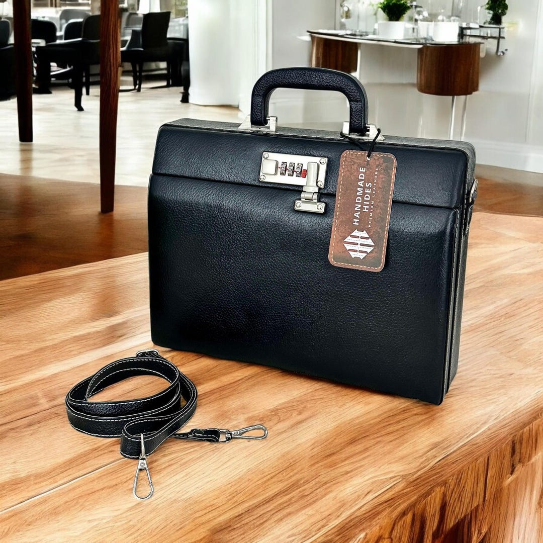 Premium Black Leather Briefcase, Leather Business Bag, Combination Lock ...
