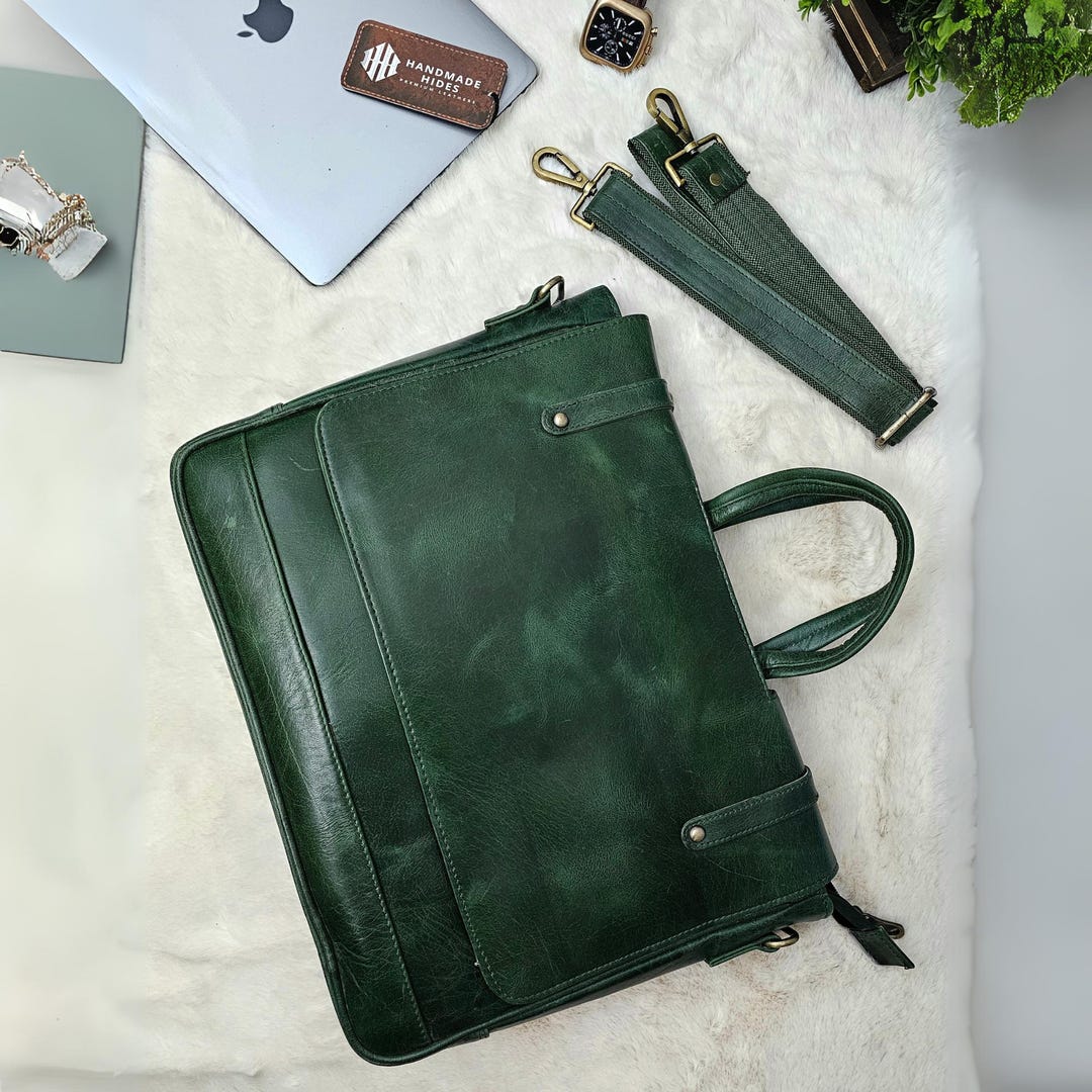 Green Leather Laptop Bag Handmade Briefcase for Men, Genuine Leather ...