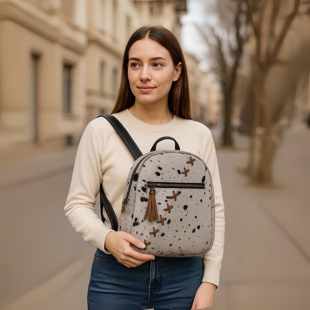 Handmade Gray Hair-on Goat Leather Mini Backpack | Tassel Zip Travel ...