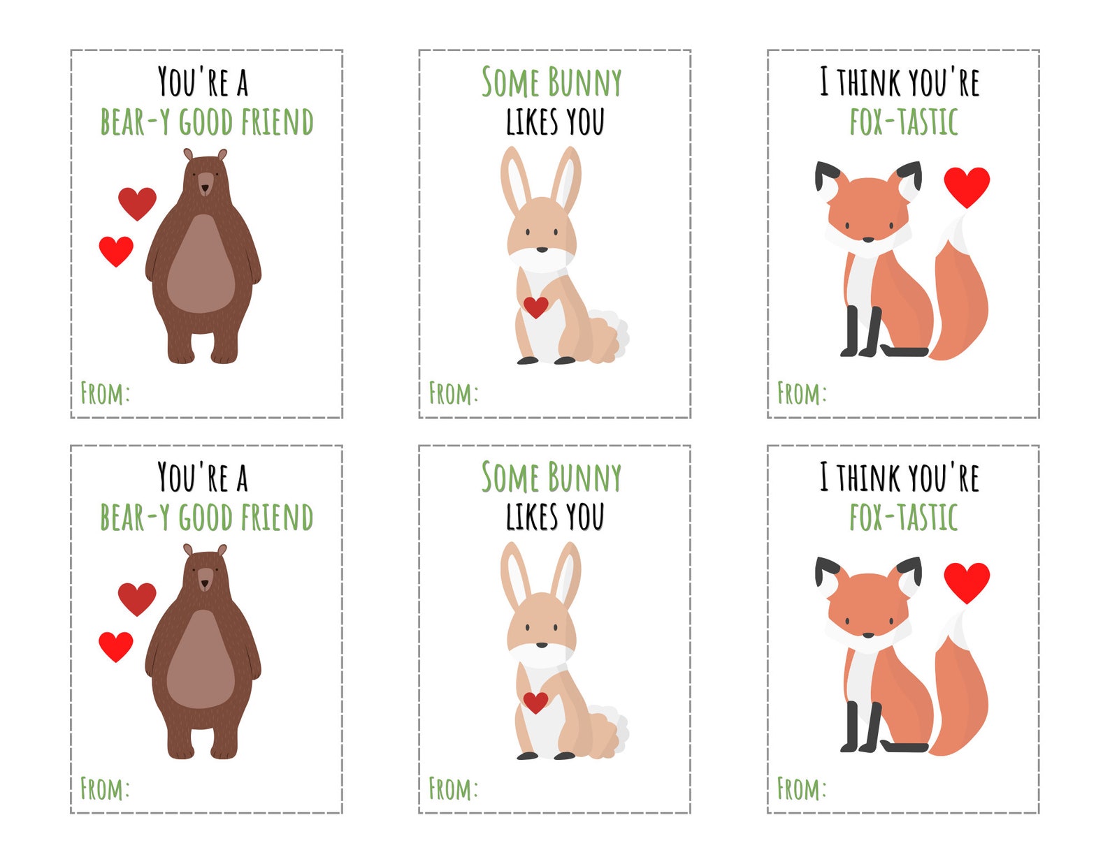 Woodland Animals Valentine Cards | Bear, Bunny, and Fox Valentines ...