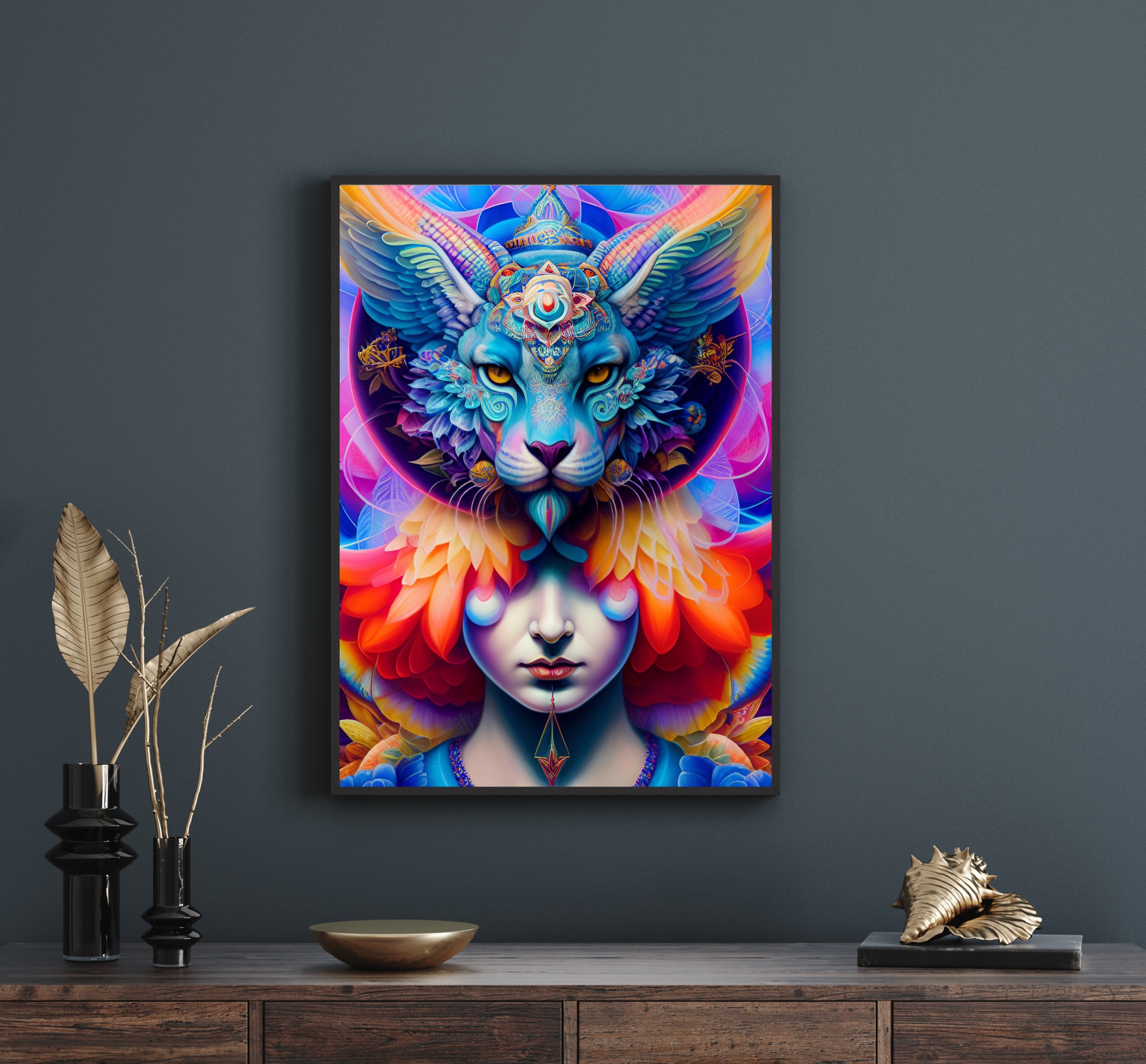 Cosmic Woman With Lion, Sacred Geometry Print, Cosmic Print, Galaxy ...