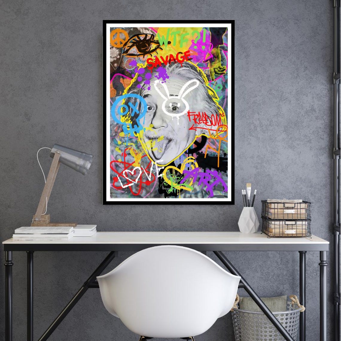 Albert Einstein Graffiti Wall Art, Black & White Street Art Print ...