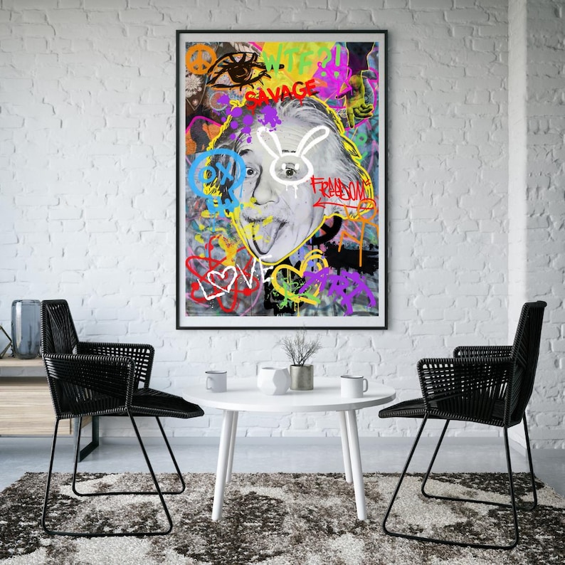Albert Einstein Graffiti Wall Art, Black & White Street Art Print ...
