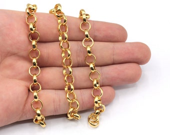 8mm 24k Shiny Gold Plated Rolo Chain, Gold Round Link Chain, Rolo Link ...