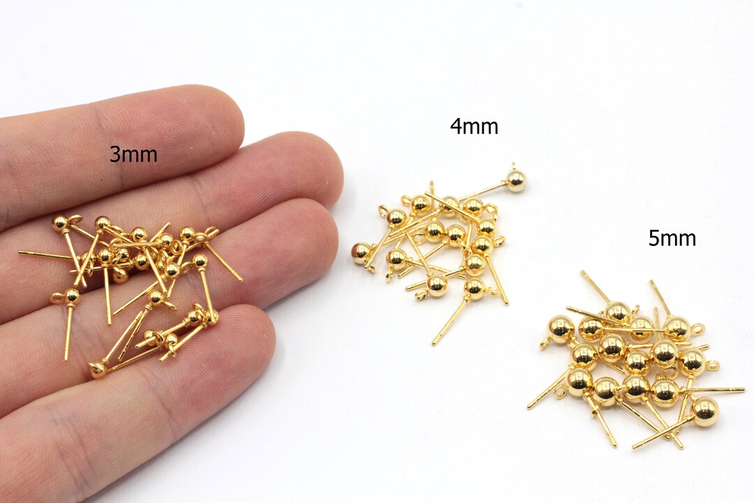 40 Pcs 24K Shiny Gold Plated 3mm 4mm 5mm Ball Ear Post, Earring ...