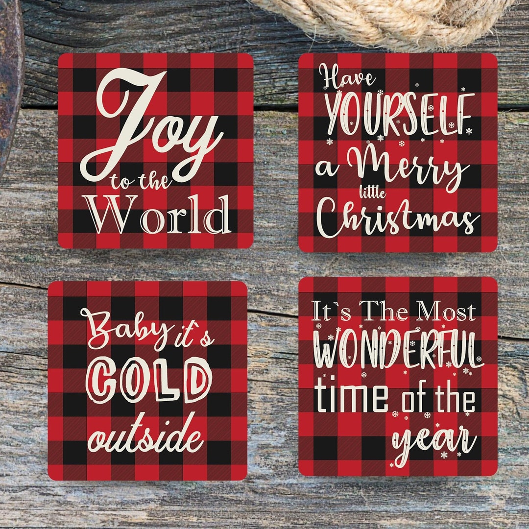 Plaid Christmas Square Coaster Set, 4 Pack Ceramic Coasters, Festive ...