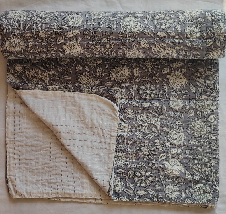 Premium Floral Hand Block Print Quilt Handmade Kantha Quilt Indian ...