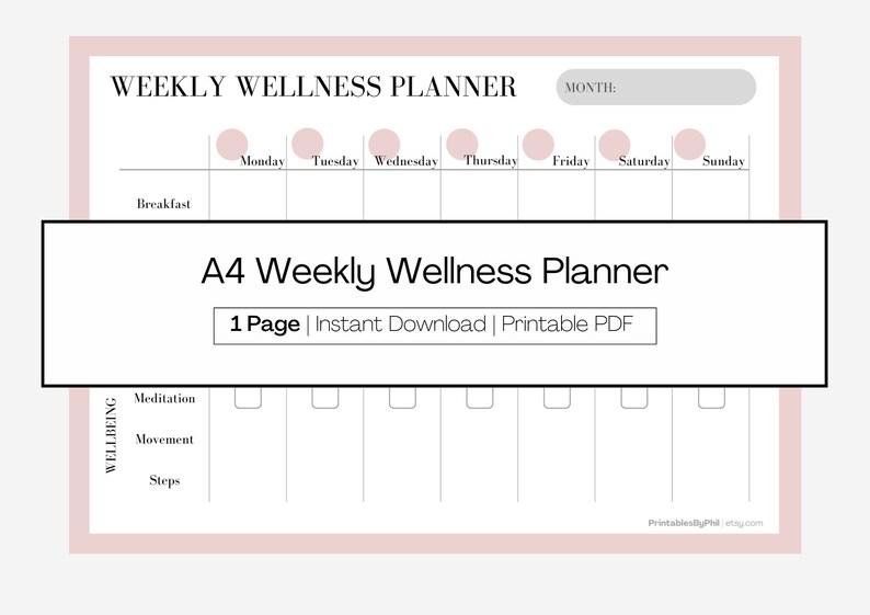 PRINTABLE A4 Weekly Wellness Planner | Wellbeing, Health, Fitness, Meal ...