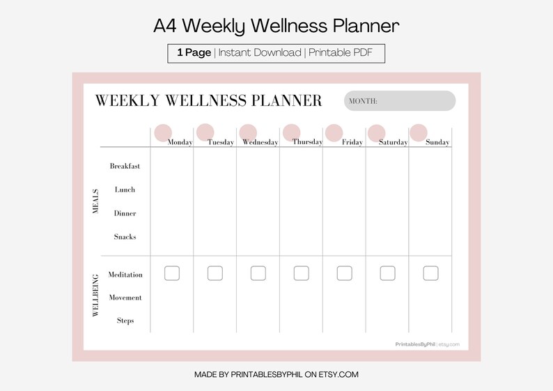 PRINTABLE A4 Weekly Wellness Planner | Wellbeing, Health, Fitness, Meal ...