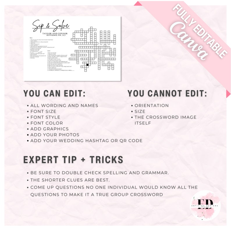 Custom Wedding Crossword Sip and Solve Puzzle Wedding Games - Etsy