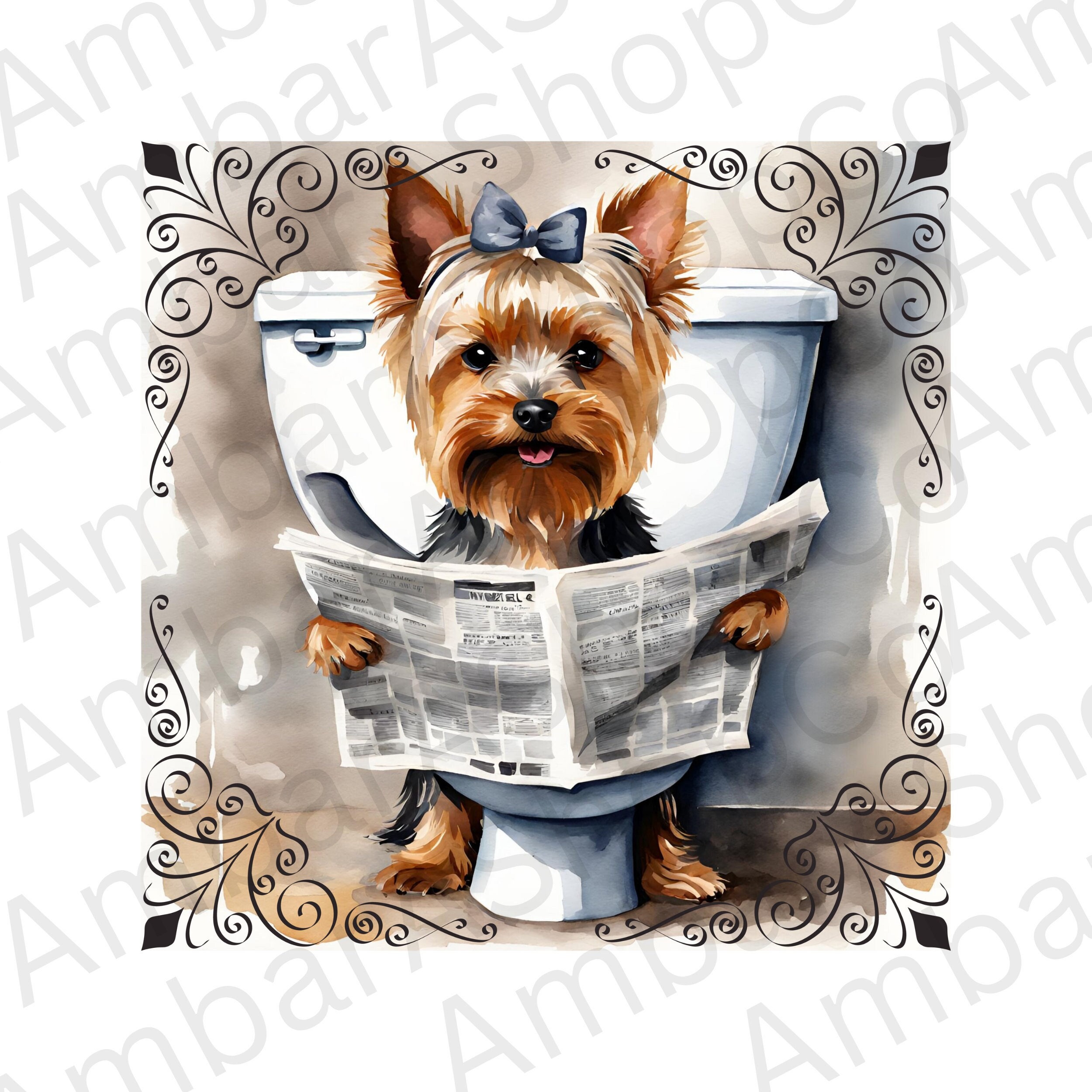 Yorkie on Toilet Dog Using Toilet Dog Reading Watercolor Dog Yorkie ...