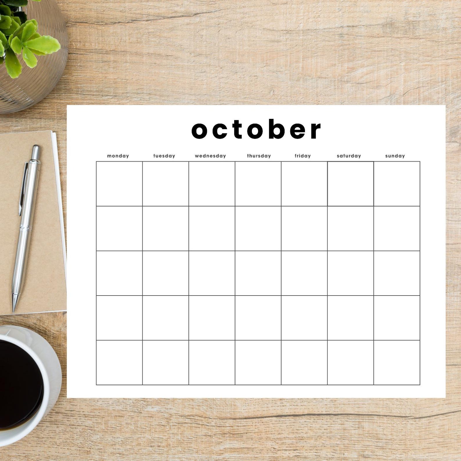Blank October Monthly Calendar Printable PDF Instant Digital Download ...