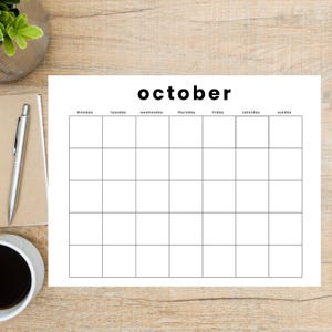 Blank October Monthly Calendar Printable PDF Instant Digital Download ...