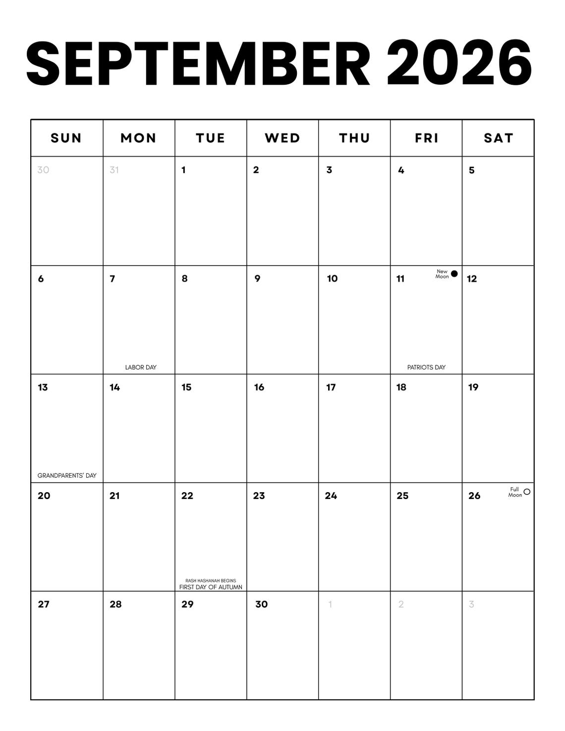 September 2026 Vertical Minimalist Calendar: US Holidays & Moon Phases ...
