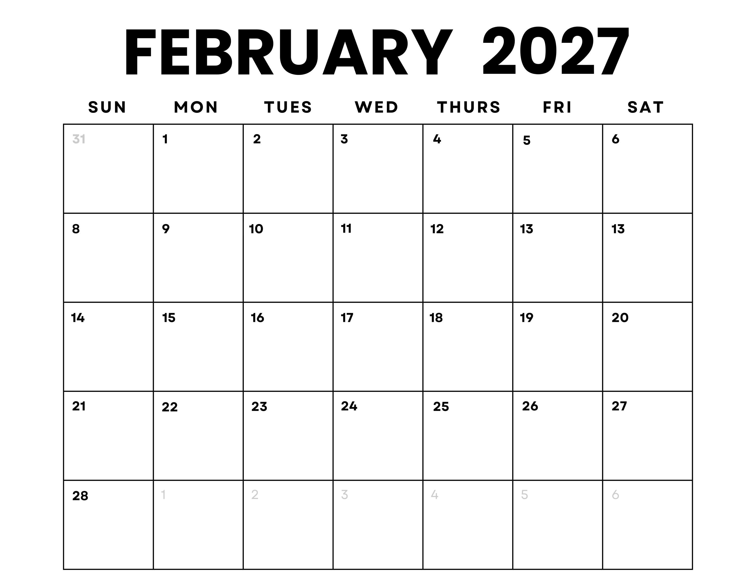 February 2027 Minimalist Calendar: Printable Monthly Template (PDF) - Etsy