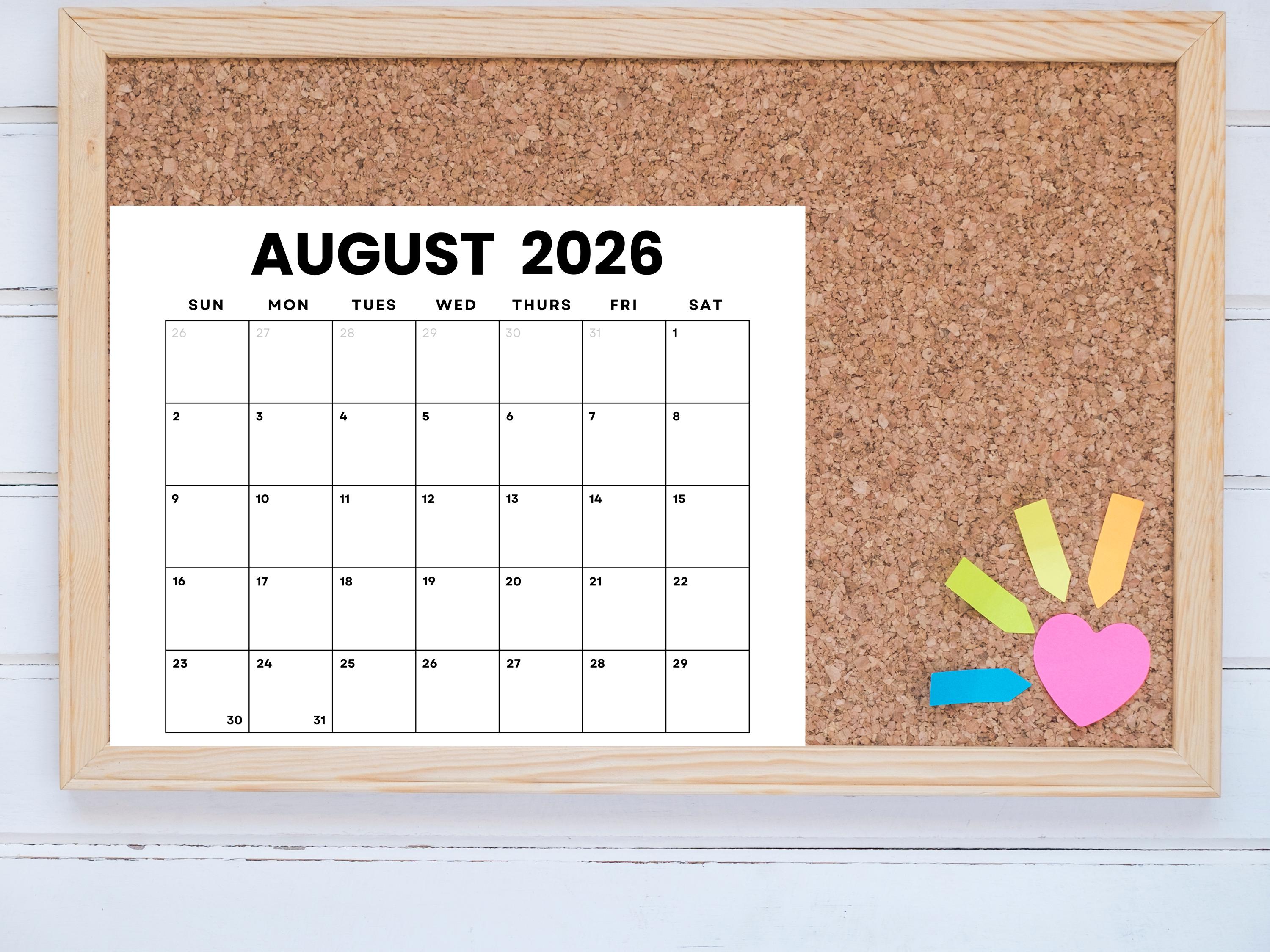 Printable August 2026 Monthly Calendar — Calendars 123