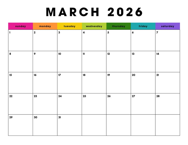 March 2026 Colorblock Calendar Printable: Bright Minimalist Design (PDF ...