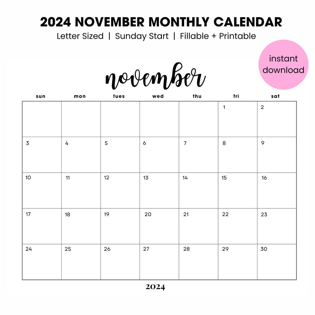 Fillable November 2024 Minimalist Monthly Calendar Printable PDF ...