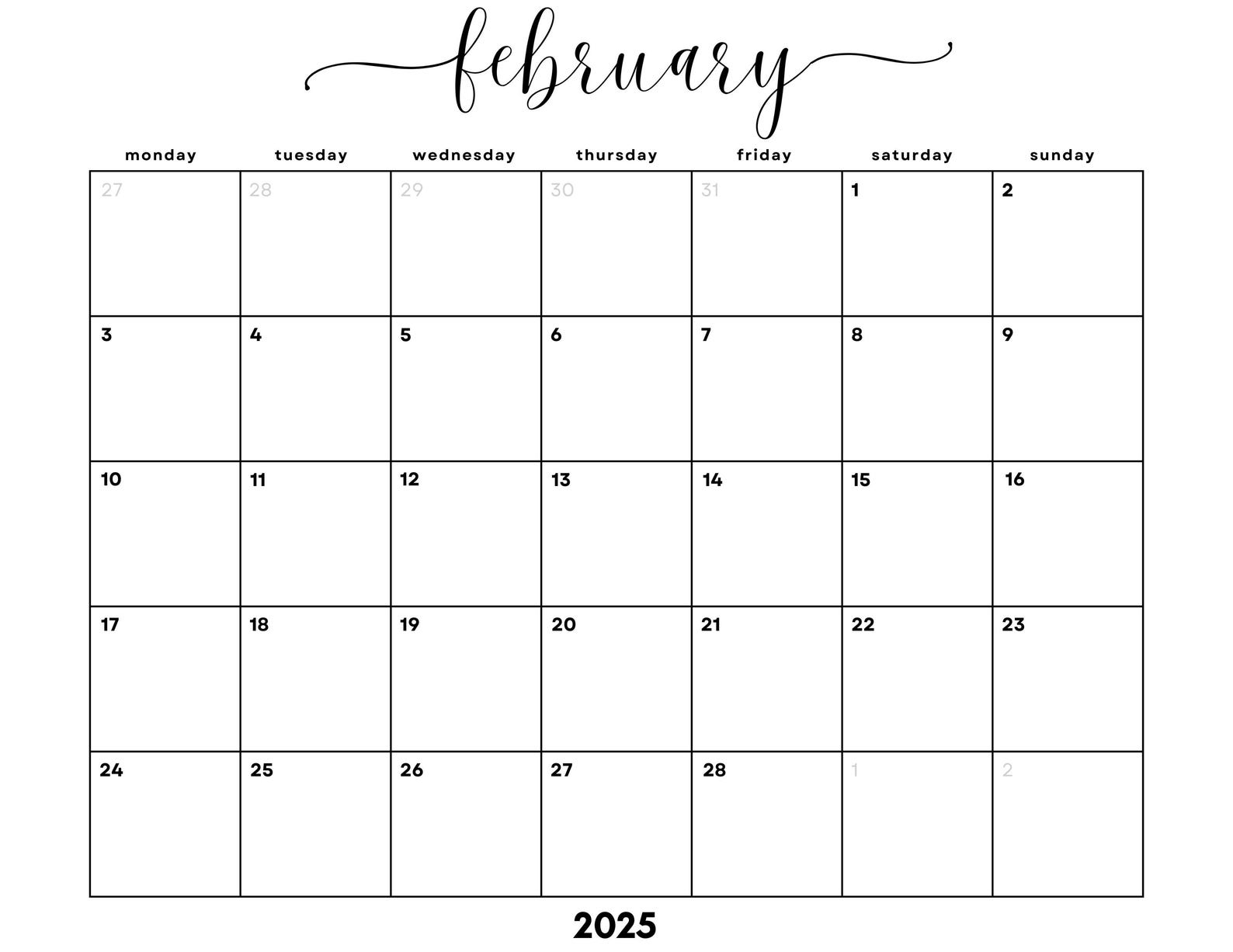 Dated February 2025 Minimalist Monthly Calendar Printable Letter PDF ...