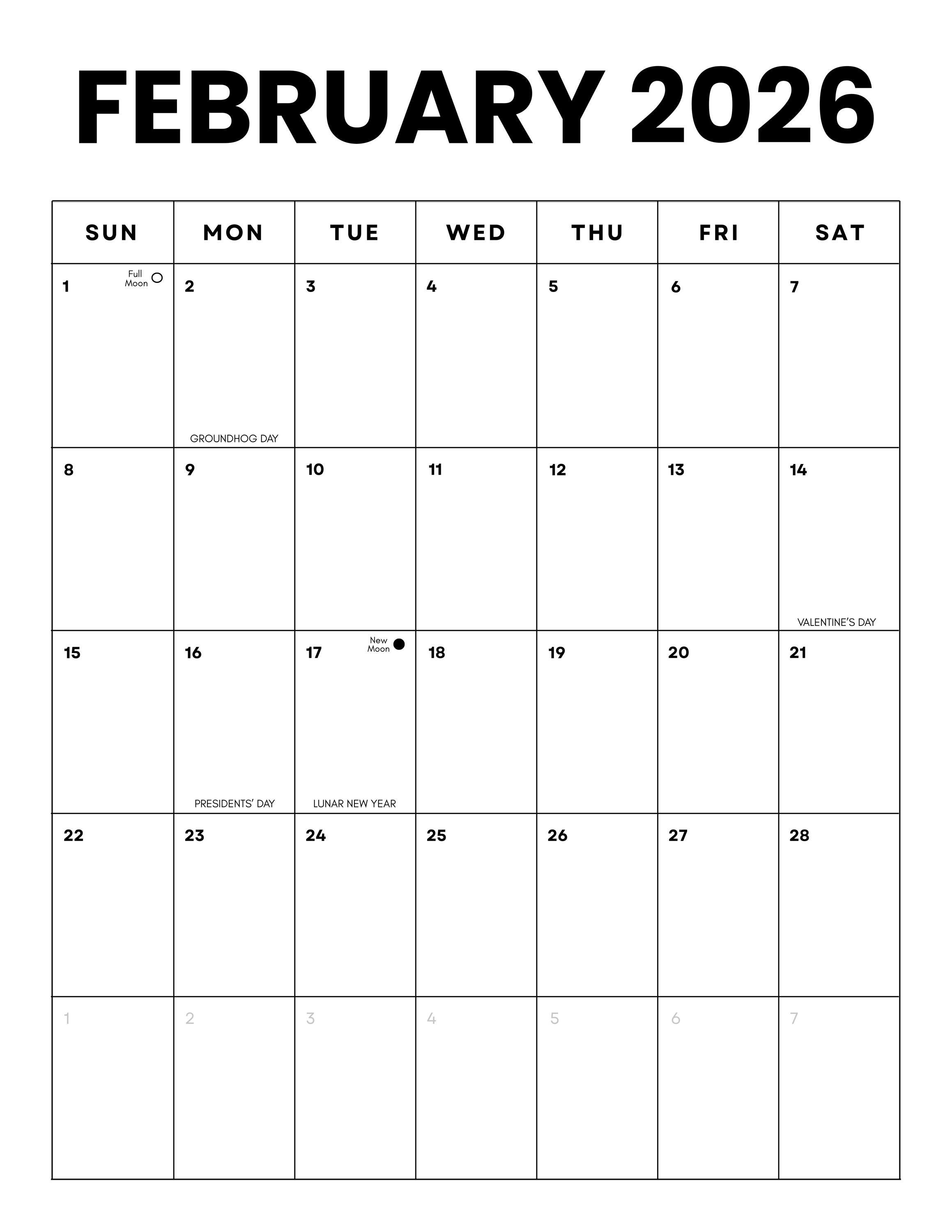 February 2026 Vertical Minimalist Monthly Calendar W/holidays + Moons ...