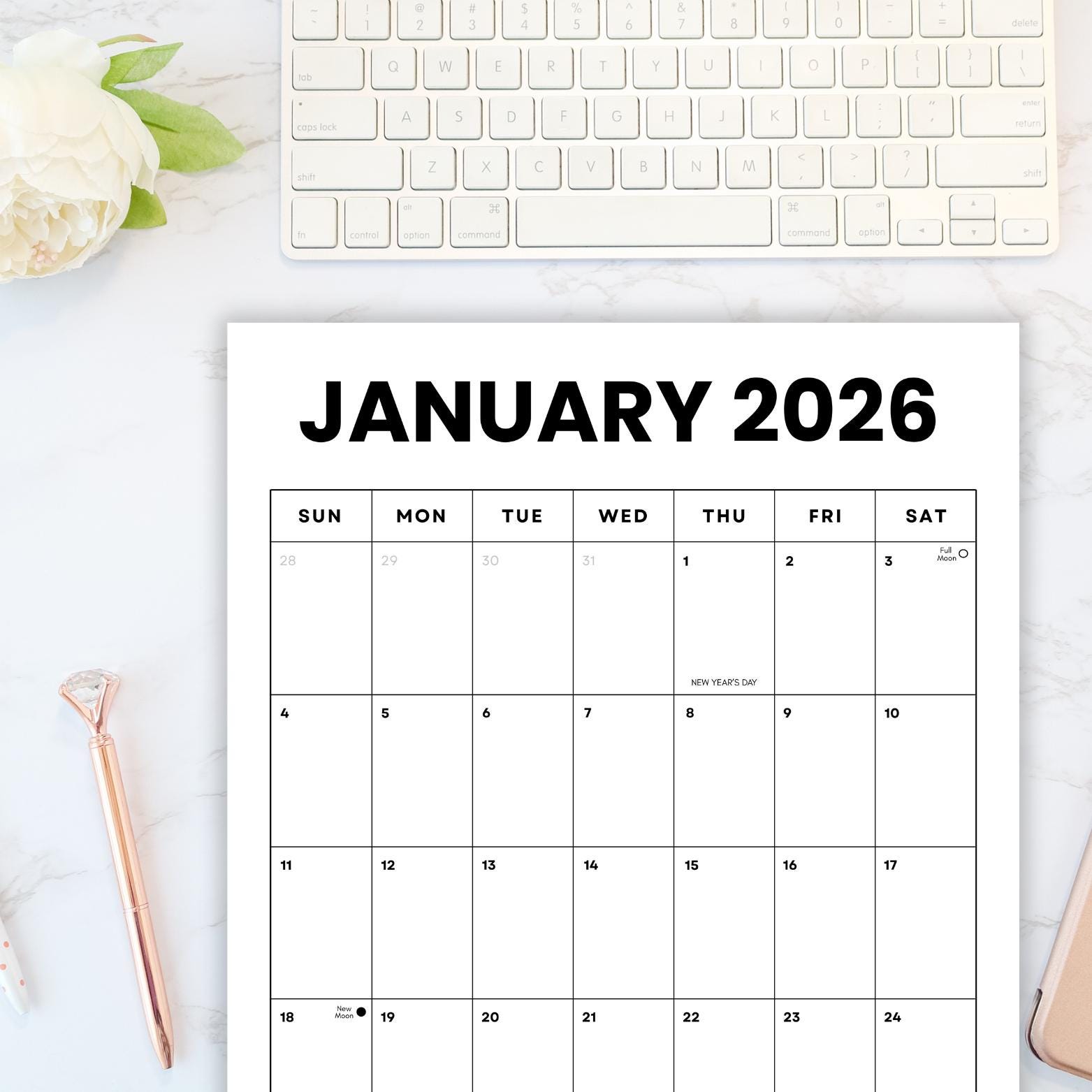 January 2026 Vertical Monthly Calendar W/holidays + Moons: Minimalist ...