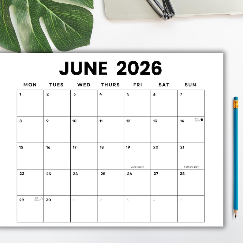 June 2026 Minimalist Calendar: US Holidays & Moon Phases (printable PDF ...