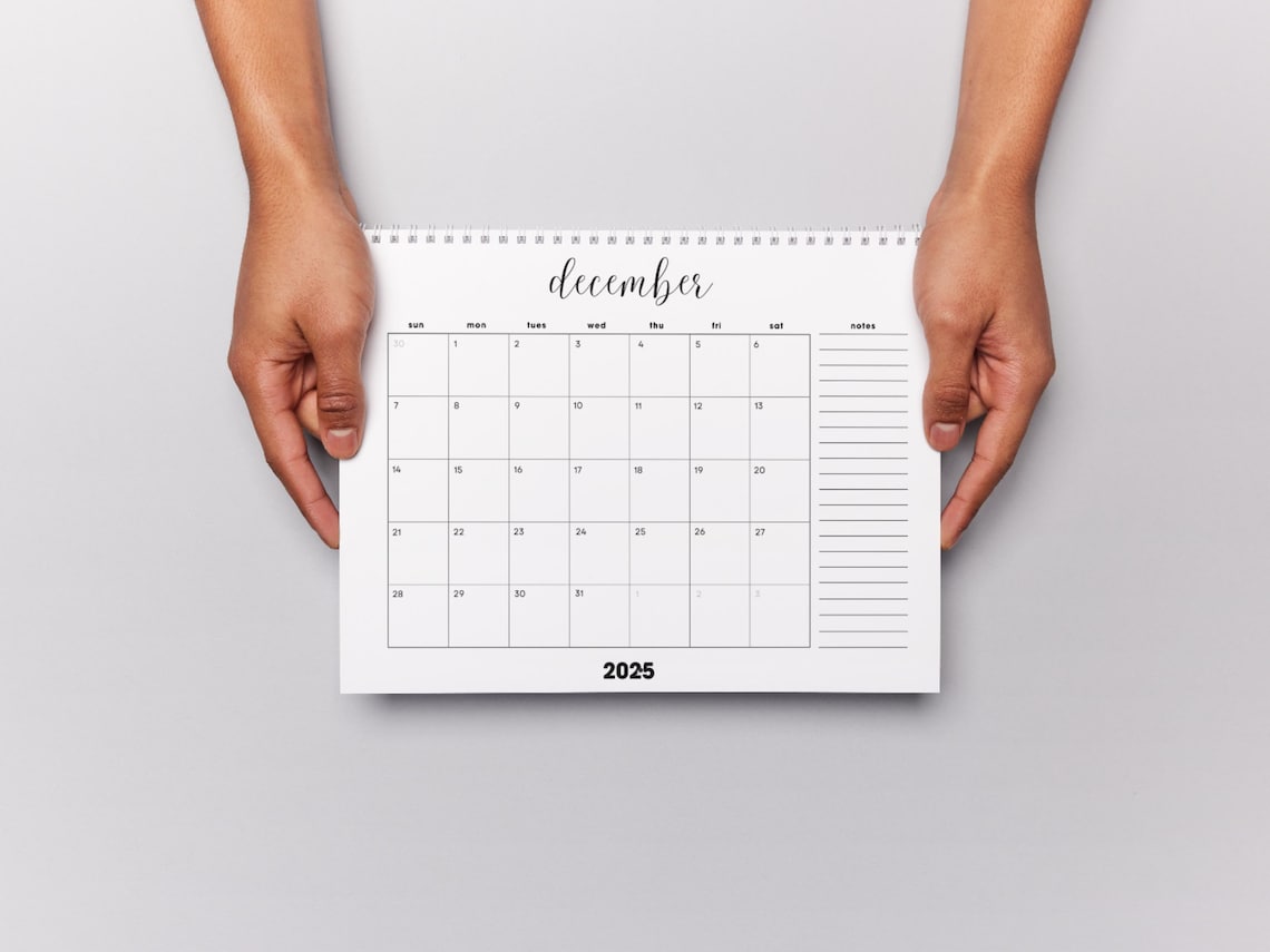 December 2025 Monthly Calendar W/notes: Minimalist Cursive Landscape ...