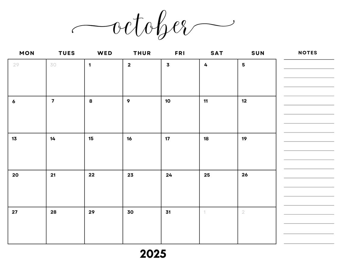 October 2025 Monthly Calendar Printable W/notes: Minimalist Design (PDF ...