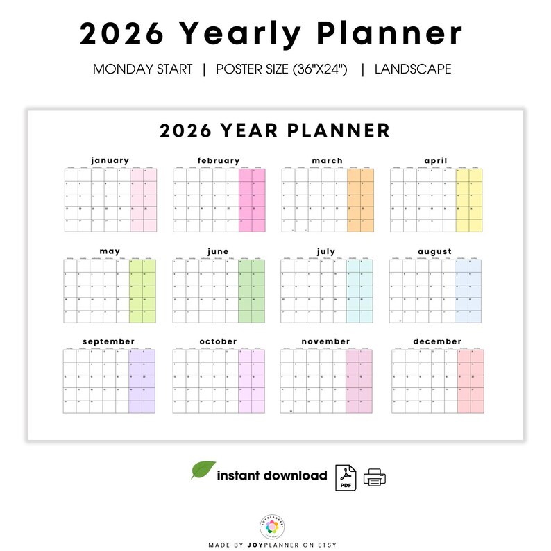 Minimalist Large Wall 2026 Yearly Calendar (36" X 24"): Landscape ...