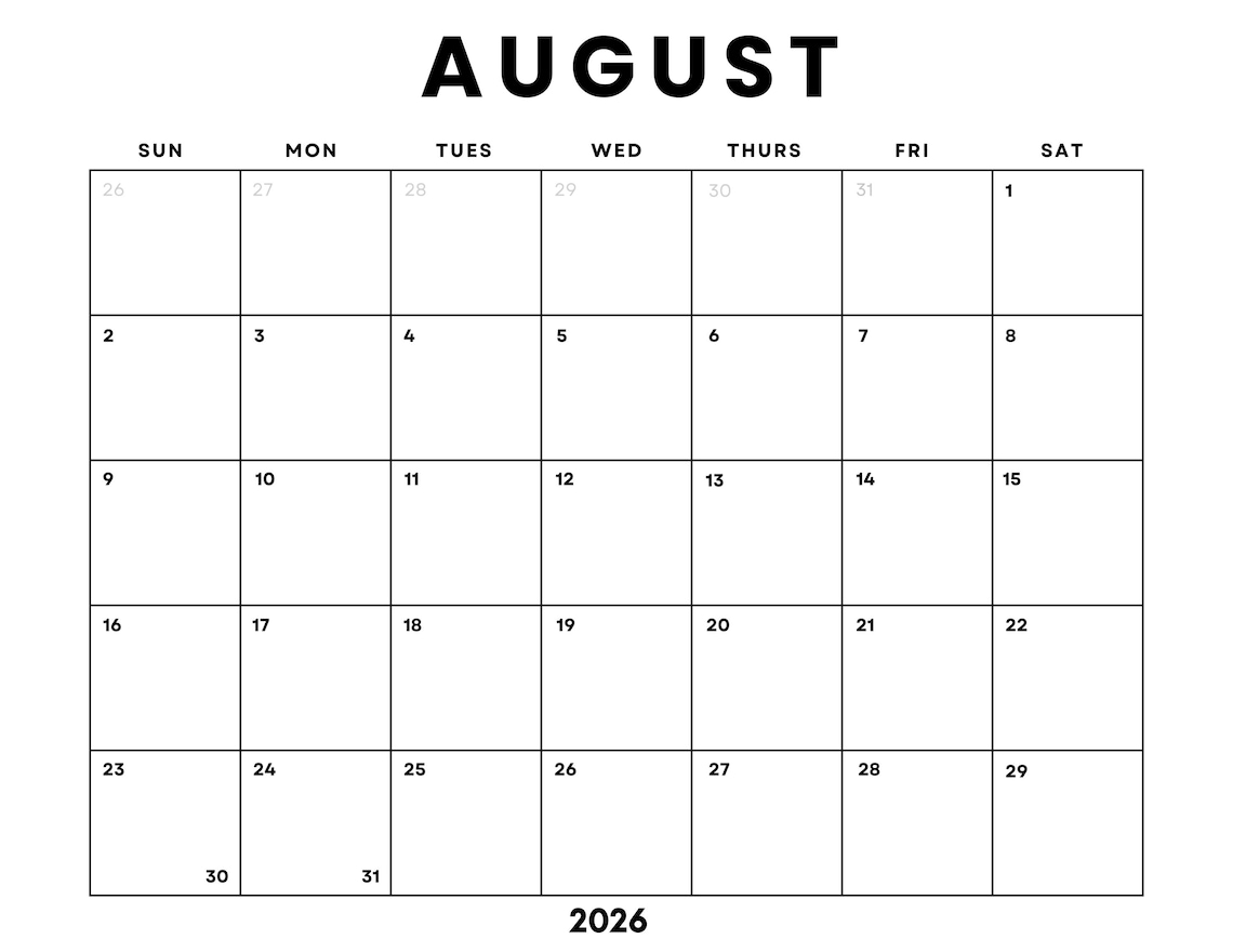 August 2026 Calendar Printable: Minimalist Monthly Planner (digital ...