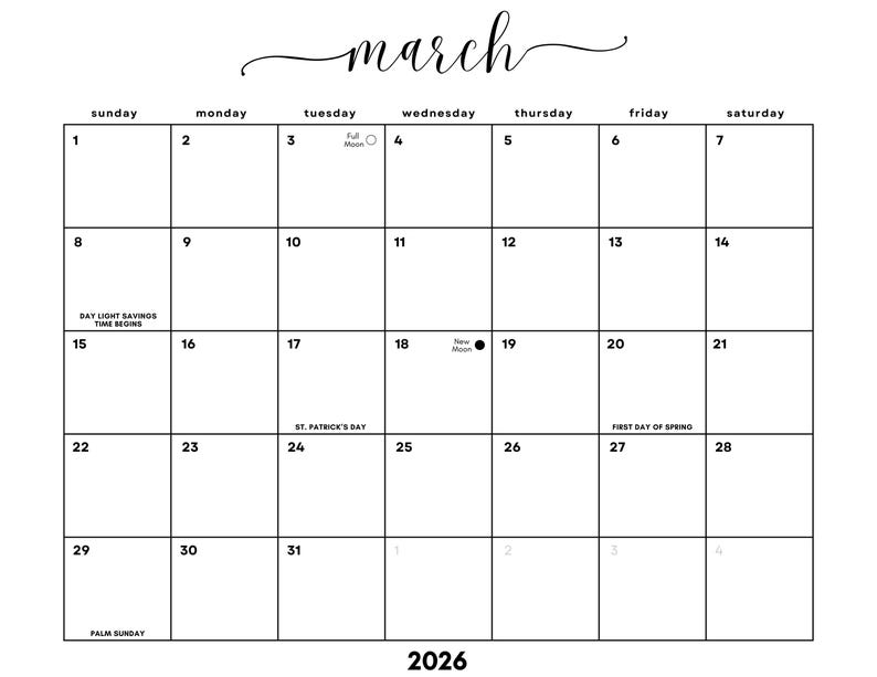 March 2026 Monthly Calendar: Minimalist Cursive Landscape Planner ...